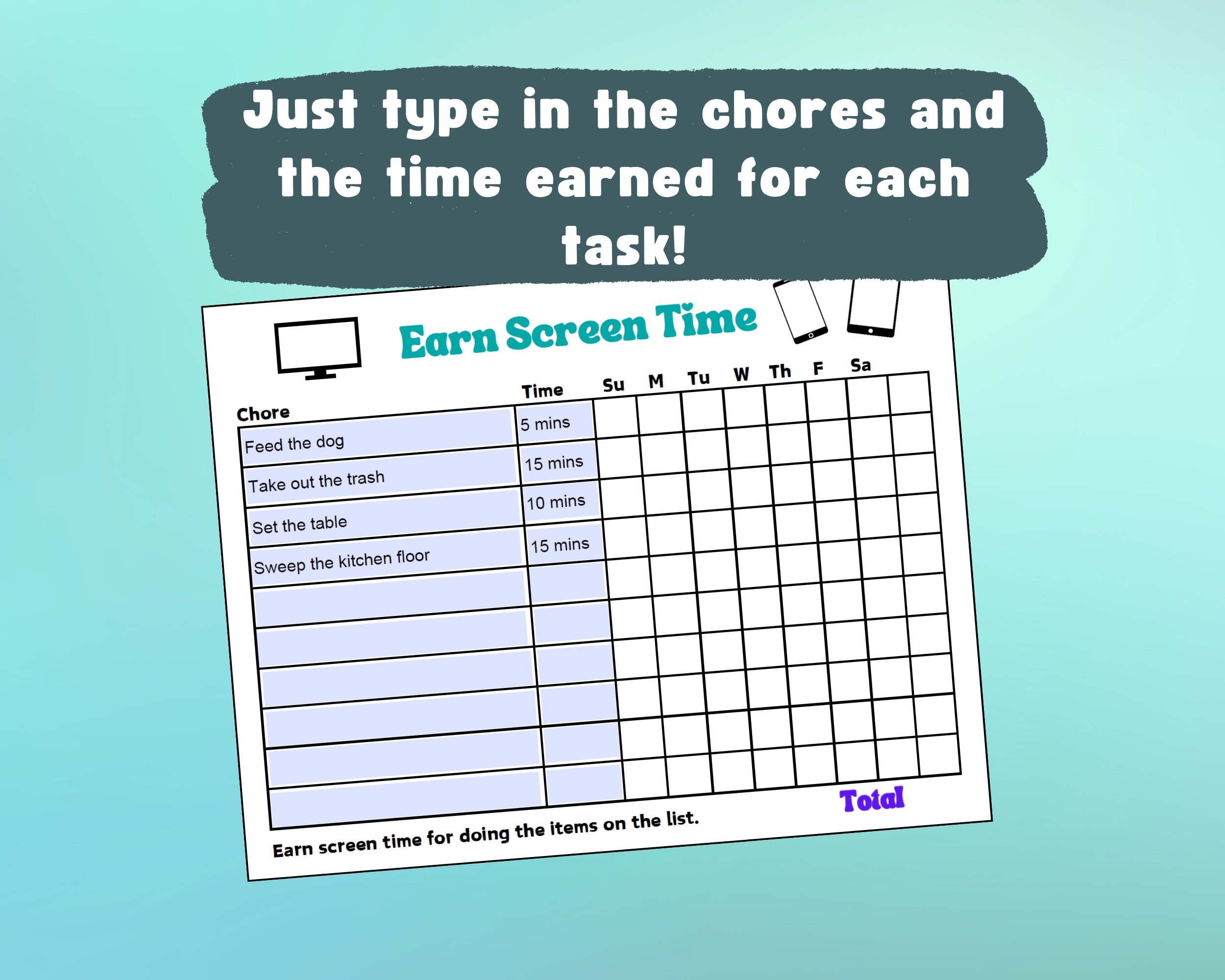 Screen Time | Editable Kids Chore Charts | Kids To-do List | Daily ...