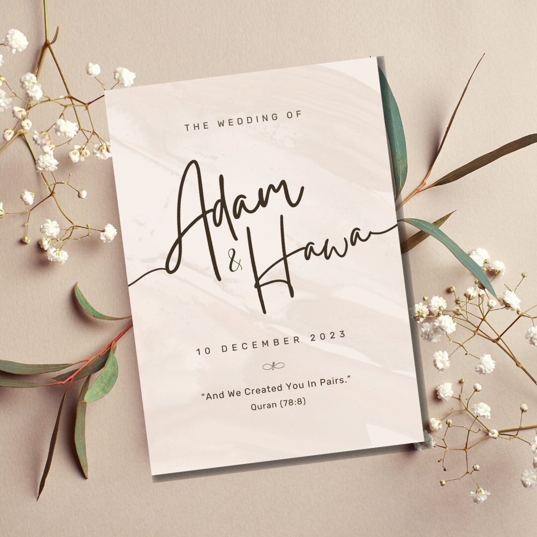 Modern Minimalist Editable Digital Muslim Wedding Nude Invitation Card ...