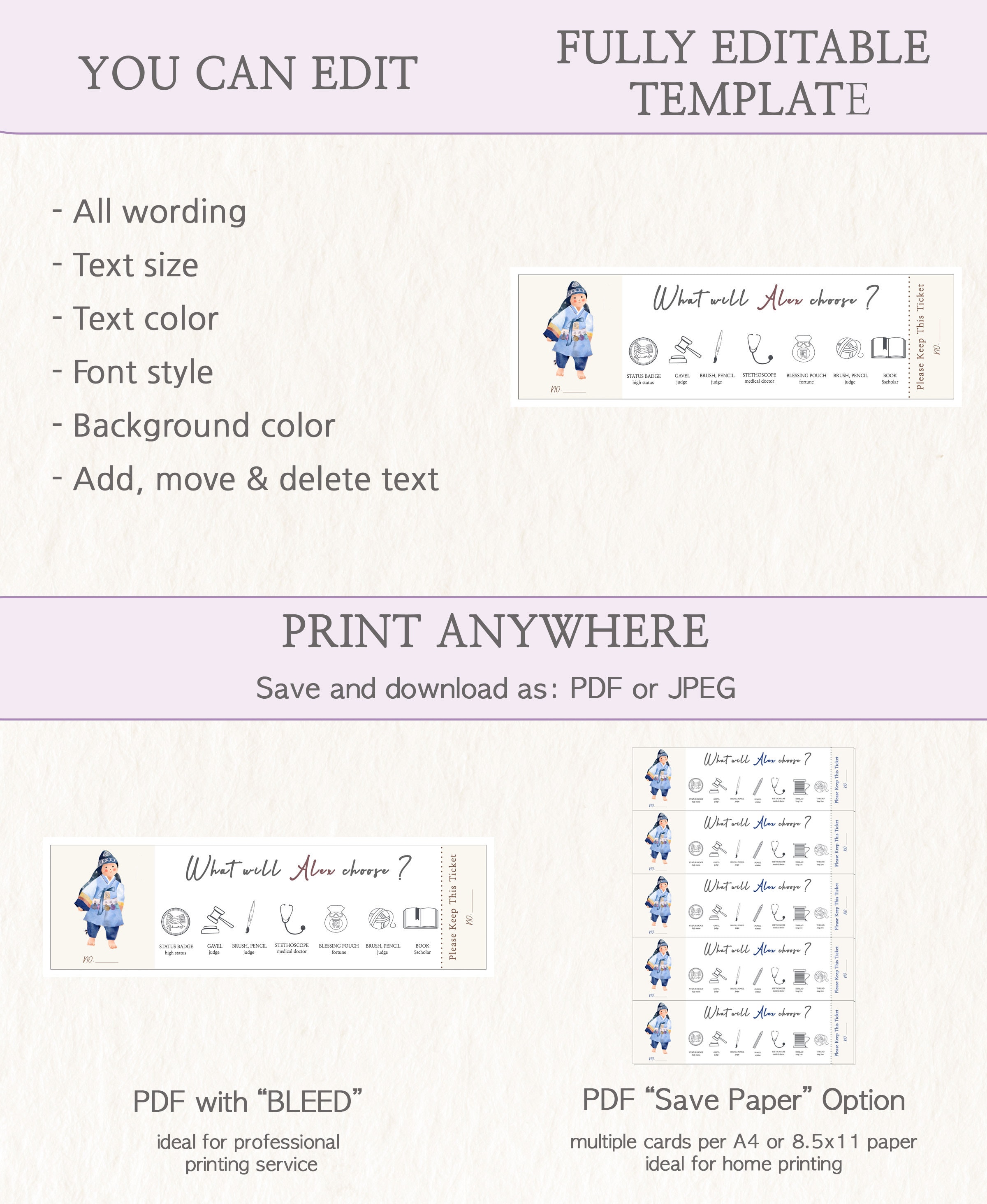 Korean First Birthday| Raffle Ticket Template |baby Hanbok Boy ...