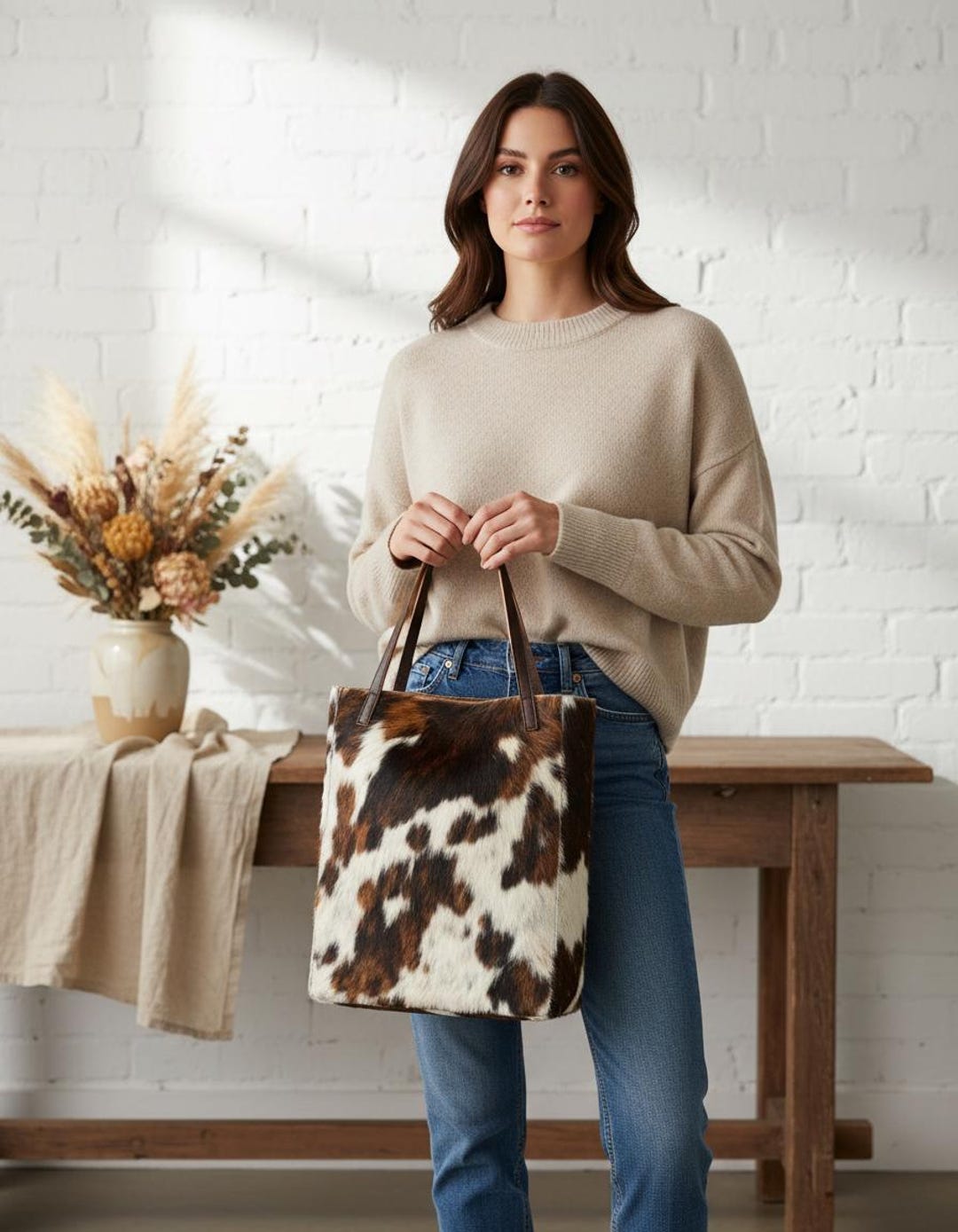 Cowhide Leather Tote Bag, Hair on Hide Shoulder Bag, Handmade Moroccan ...