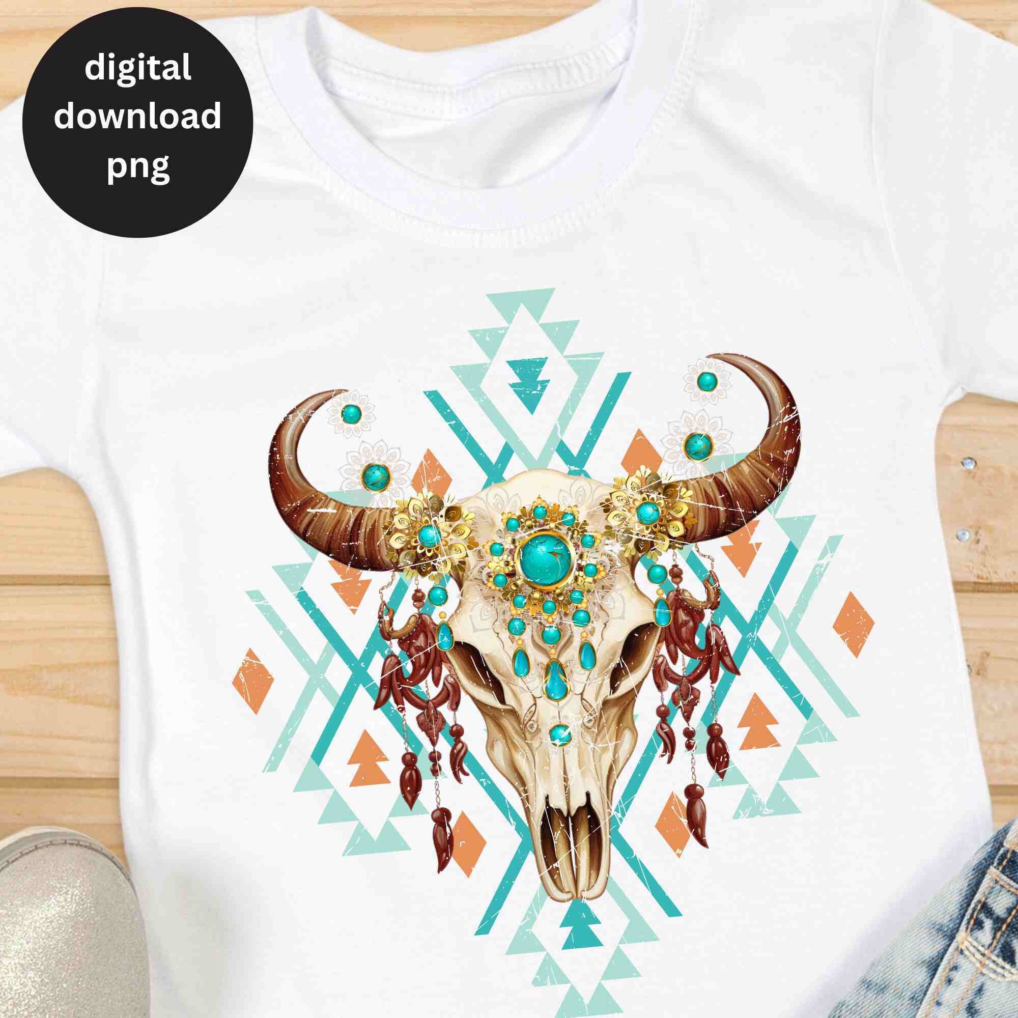 Western Longhorn Bull Skull PNG Sublimation Design, Boho Aztec Cow ...