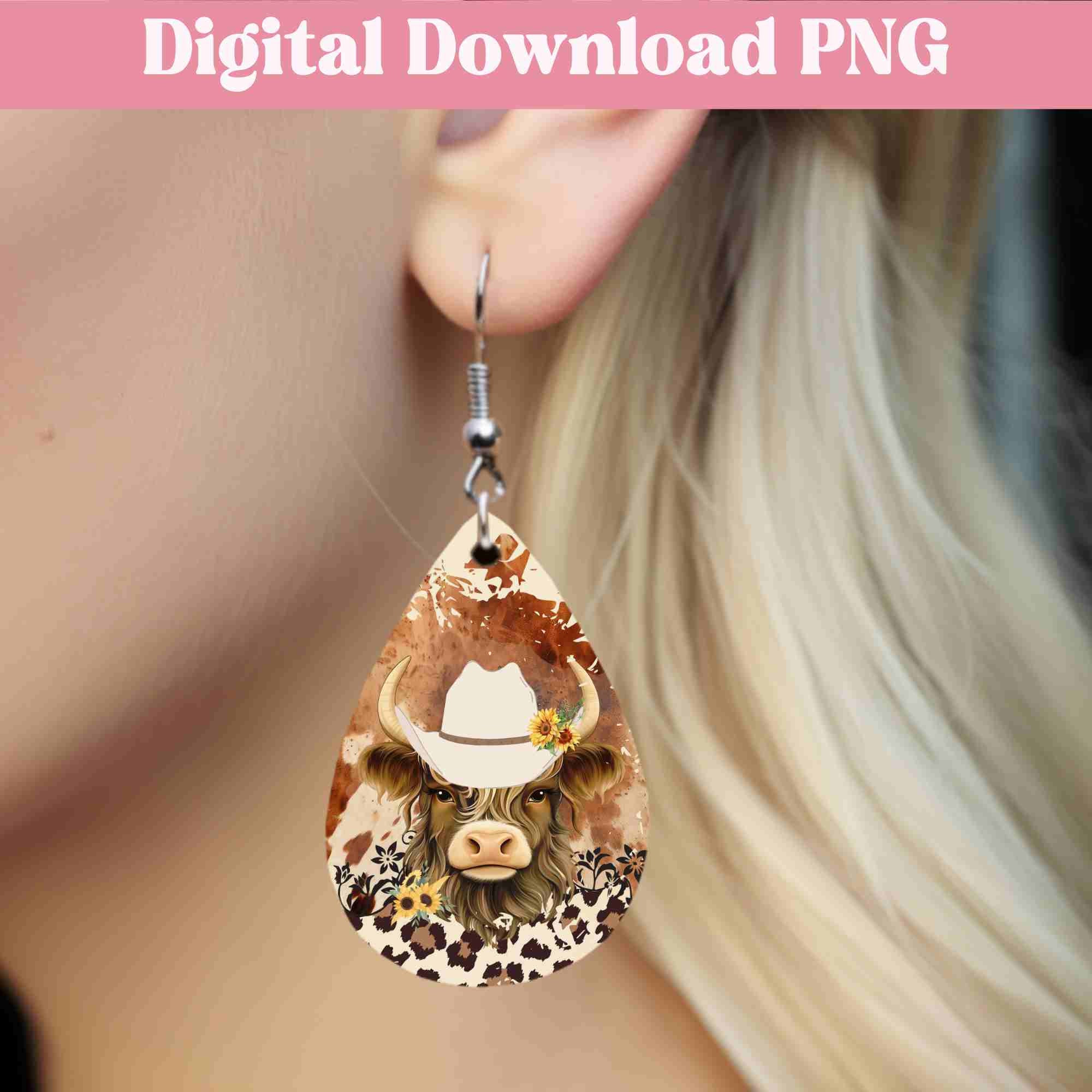 Highland Cow Teardrop Earrings PNG Cowhide, Leopard Accents & Western ...
