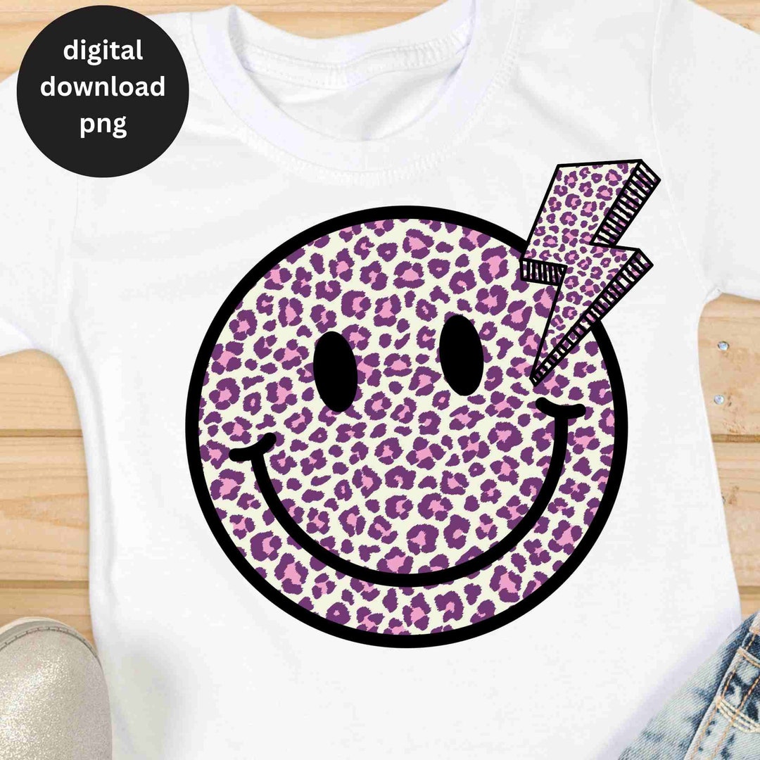 Pink Leopard Retro Smile Face Lightning Bolt Png, 70s Inspired ...