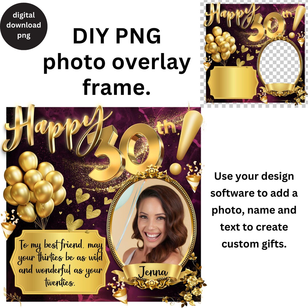 DIY 30th Birthday Photo Template PNG, DIY Personalized Thirtieth ...