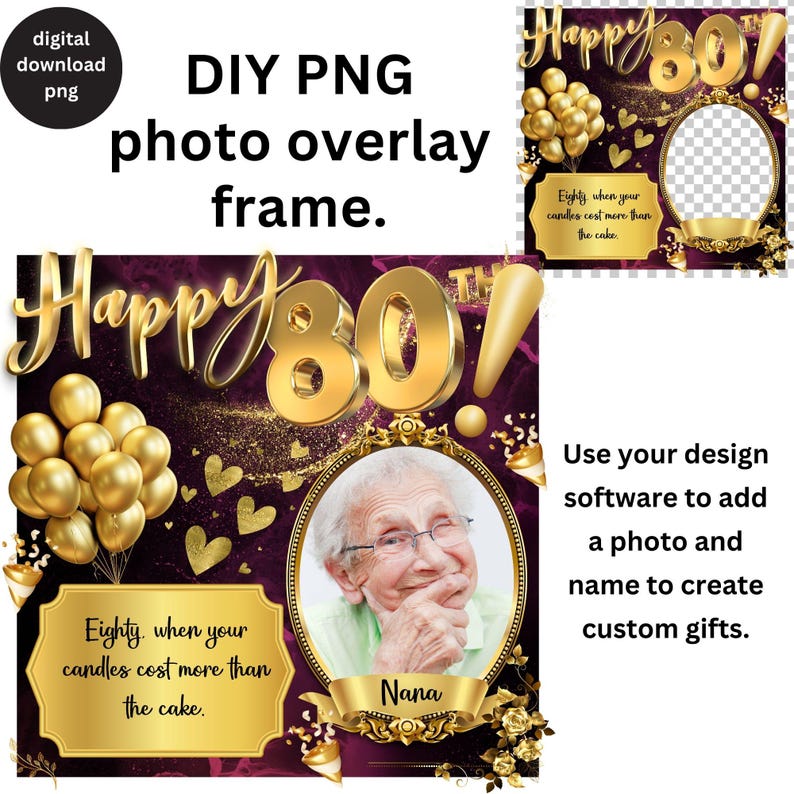 DIY 80th Birthday Photo Template PNG, DIY Personalized Eightieth ...