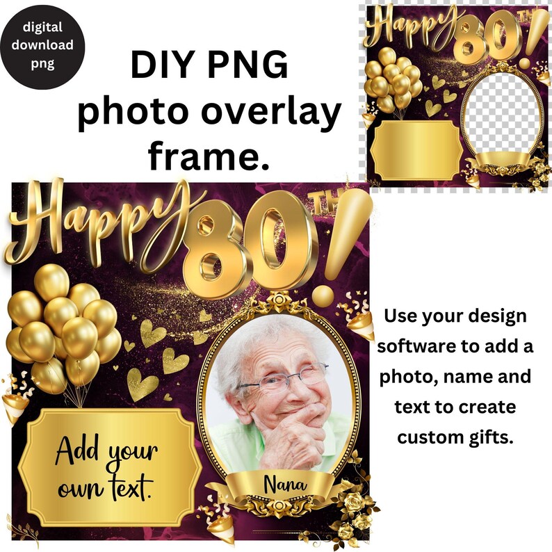 DIY 80th Birthday Photo Template PNG, DIY Personalized Eightieth ...