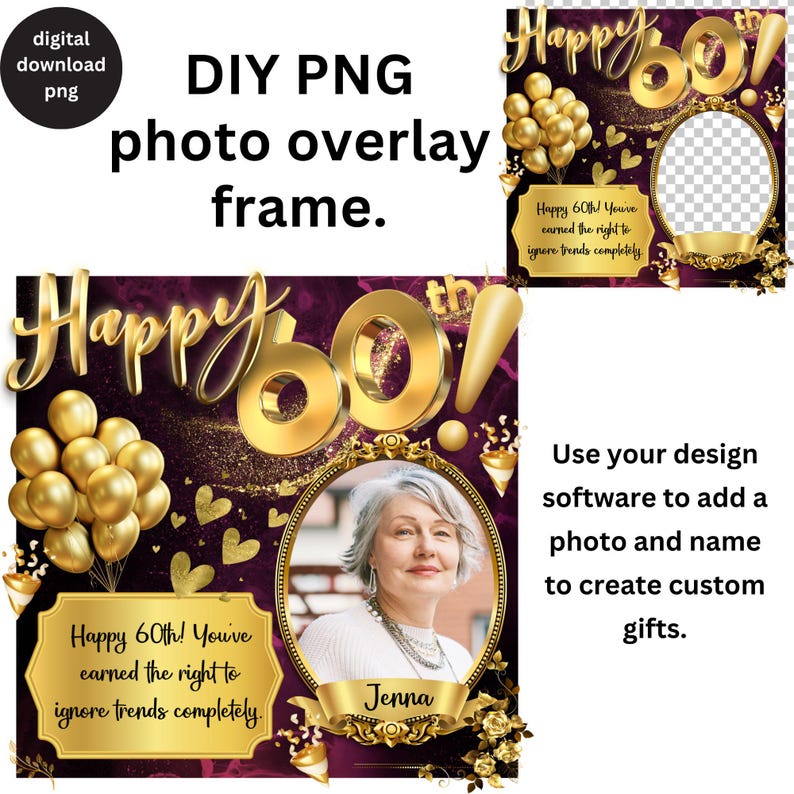 DIY 60th Birthday Photo Template PNG, DIY Personalized Sixtieth ...