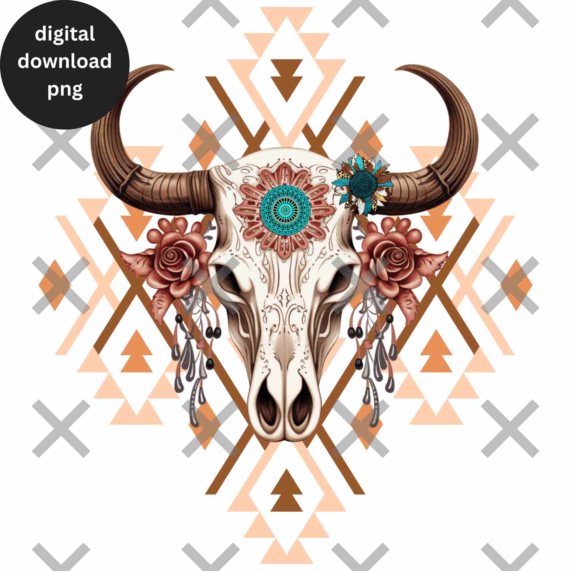 Western Longhorn Bull Skull PNG Sublimation Design, Boho Aztec Cow ...