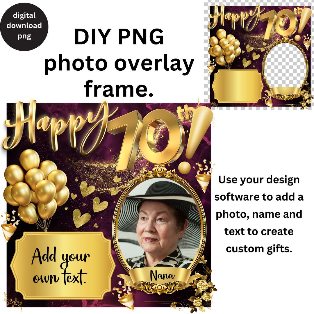 DIY 70th Birthday Photo Template PNG, DIY Personalized Seventieth ...