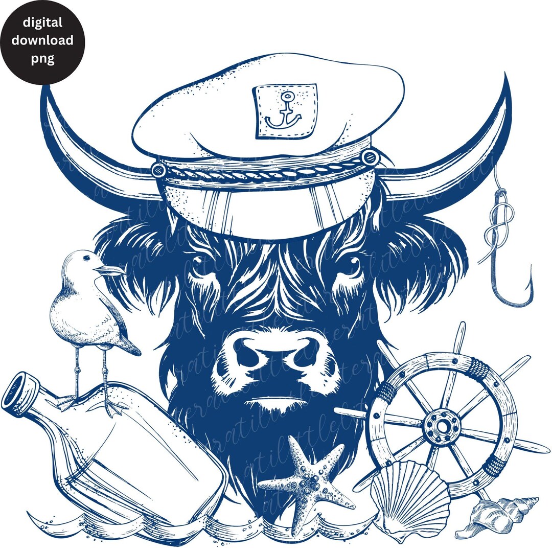 Trendy Vintage Style Fisherman PNG, Nautical Highland Cow Sublimation ...