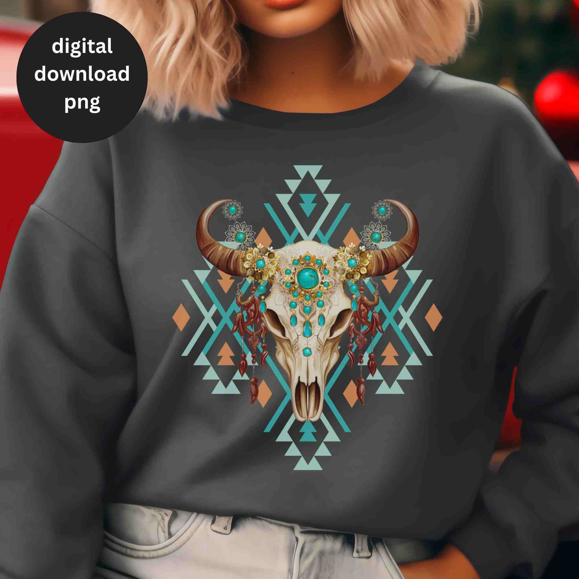 Western Longhorn Bull Skull PNG Sublimation Design, Boho Aztec Cow ...