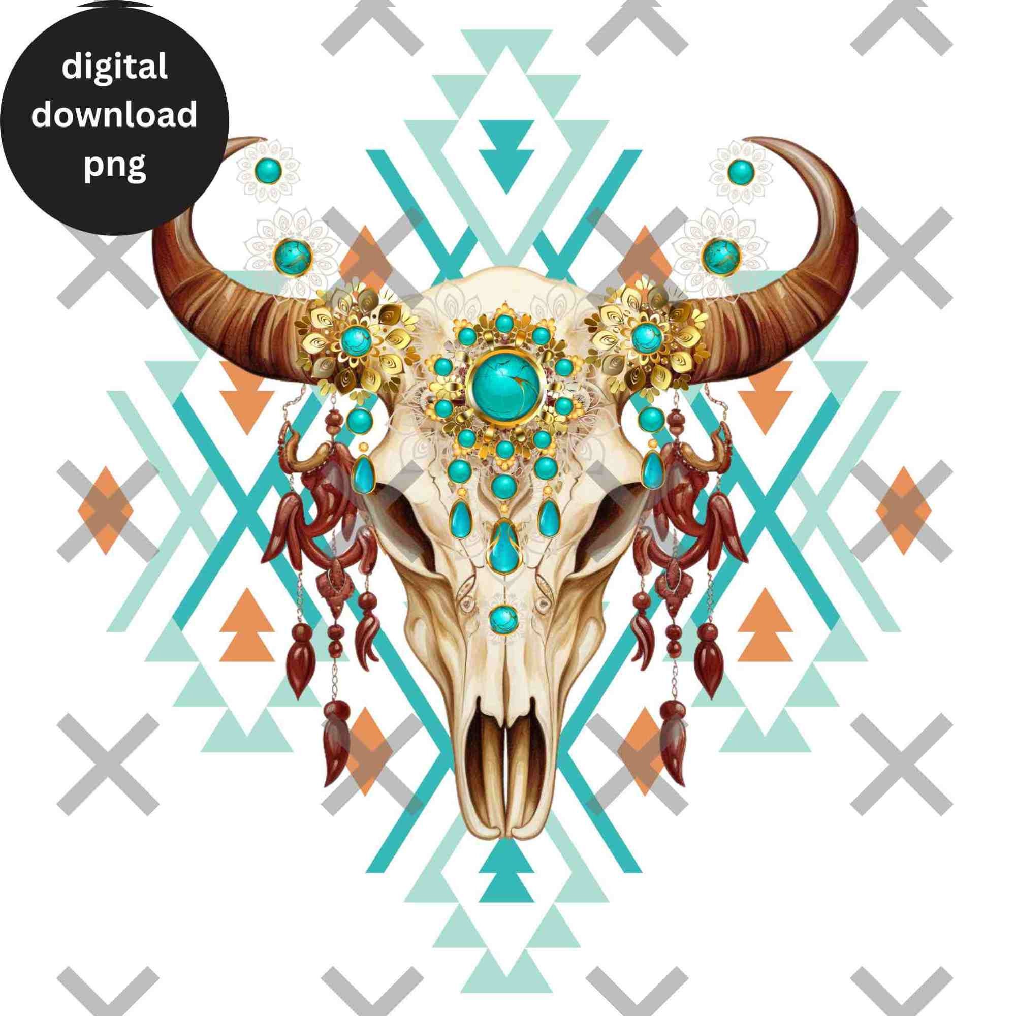 Western Longhorn Bull Skull PNG Sublimation Design, Boho Aztec Cow ...