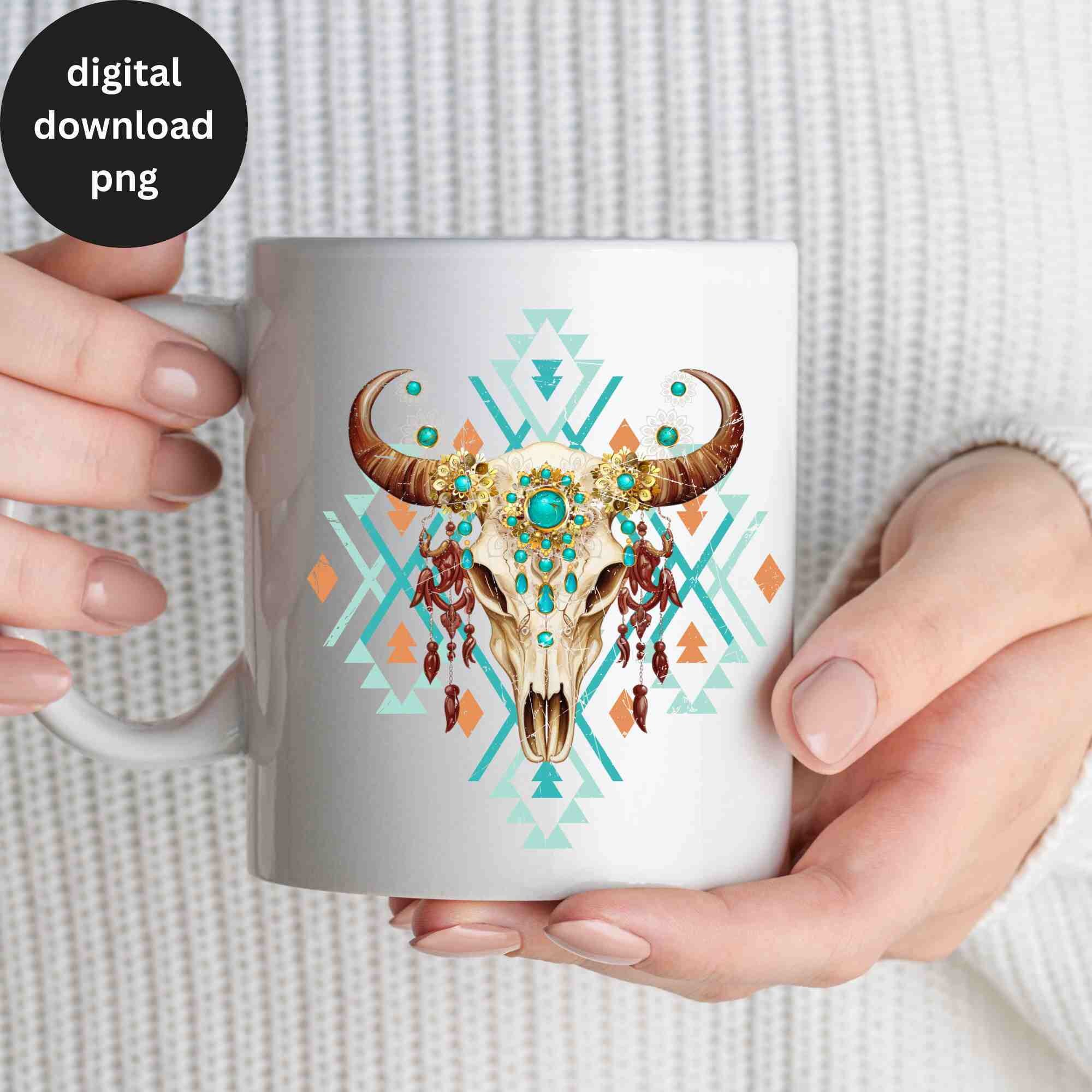 Western Longhorn Bull Skull PNG Sublimation Design, Boho Aztec Cow ...