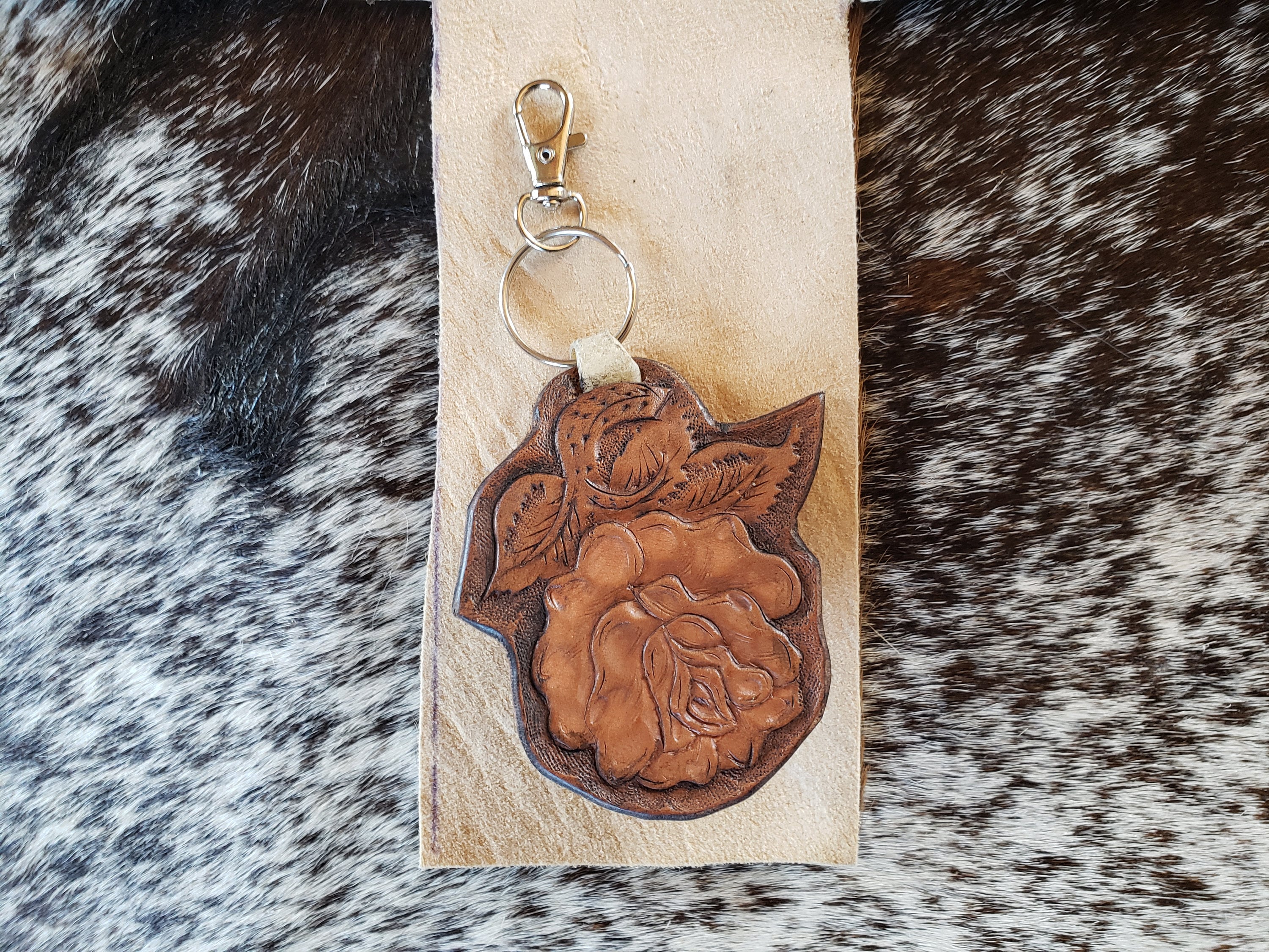 Handmade Handtooled Leather Keychains Braided Rawhide Back Silver Metal ...