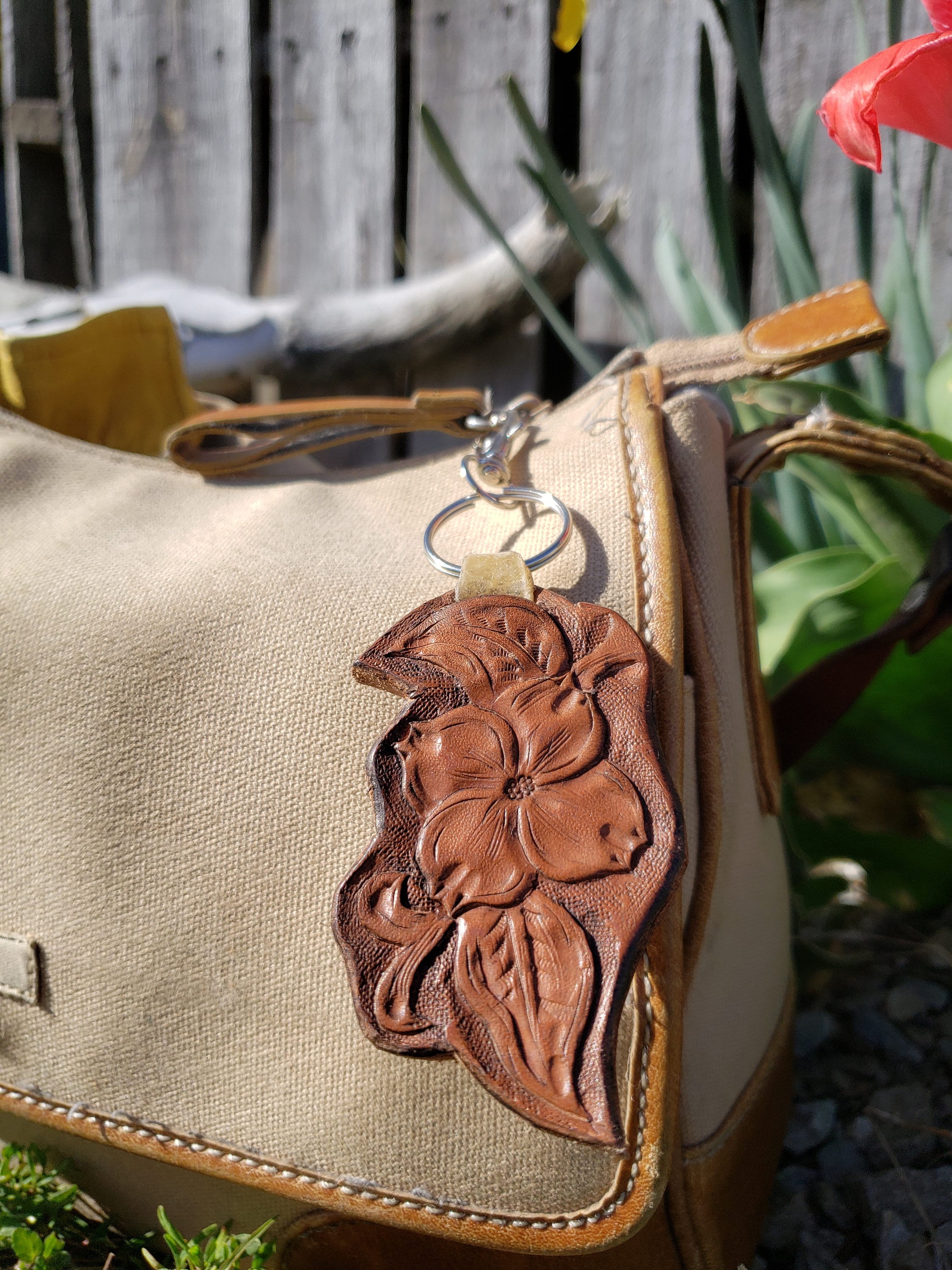 Handmade Handtooled Leather Keychains Braided Rawhide Back Silver Metal ...