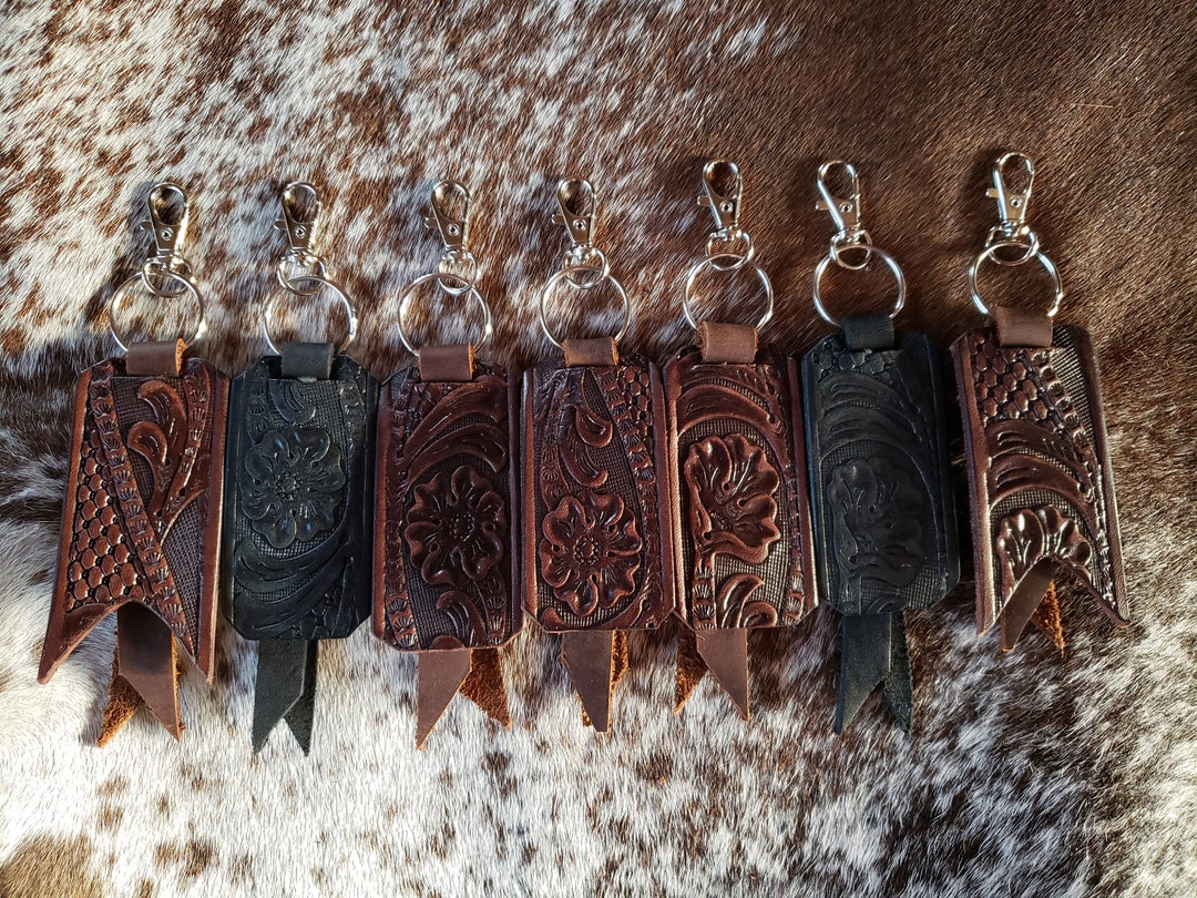 Handmade Tooled Leather Keychains Braided Leather Strap Silver Metal ...