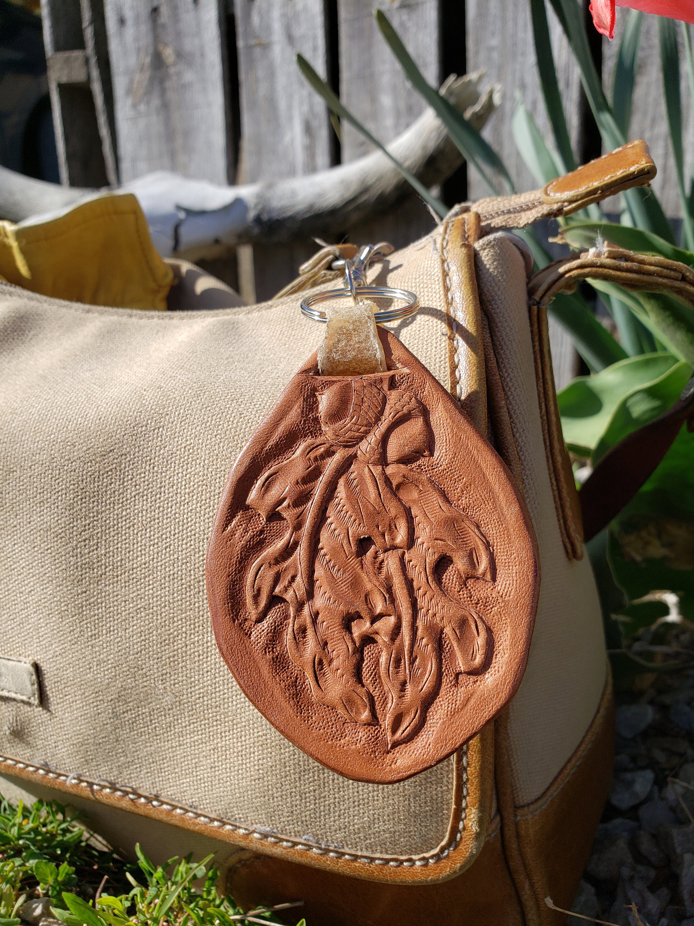 Handmade Handtooled Leather Keychains Braided Rawhide Back Silver Metal ...