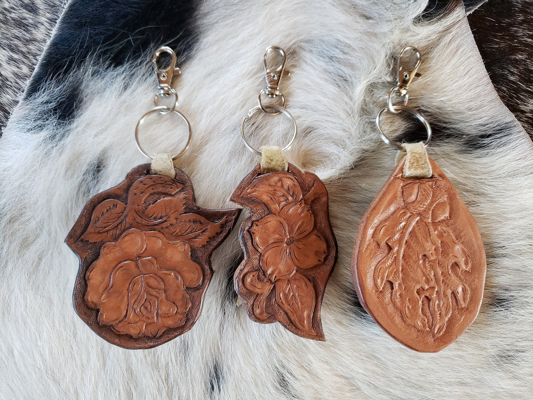 Handmade Handtooled Leather Keychains Braided Rawhide Back Silver Metal Snap Clasp Western Style ...