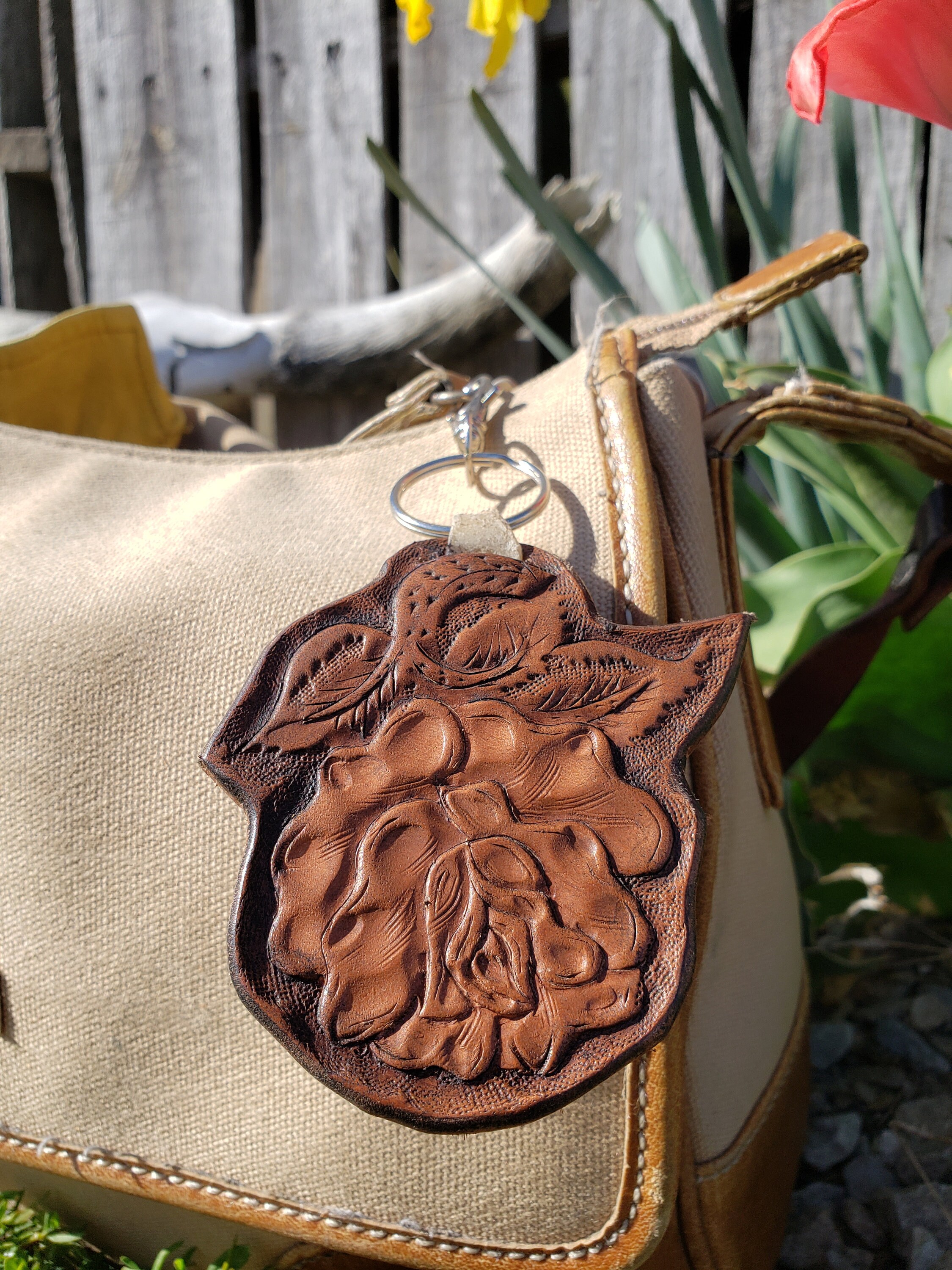 Handmade Handtooled Leather Keychains Braided Rawhide Back Silver Metal ...