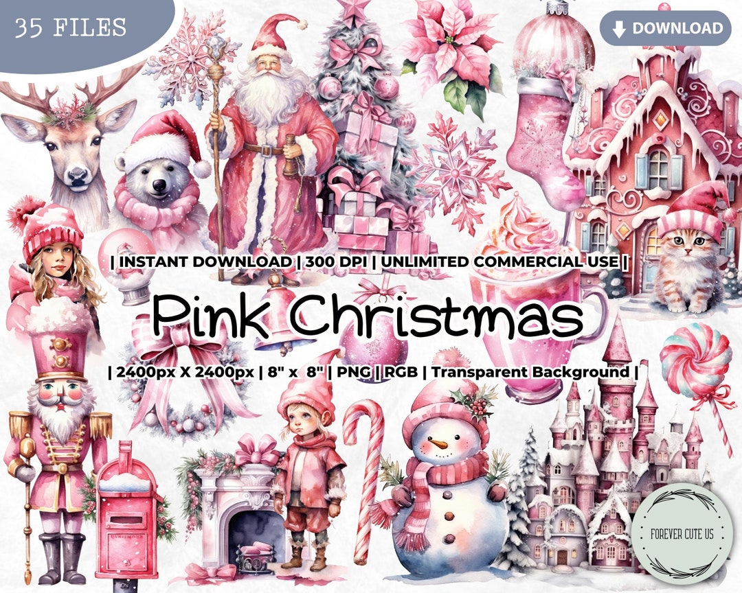 Pink Christmas Clipart, Pink Winter, Peppermint, Santa, Elf, Holidays ...