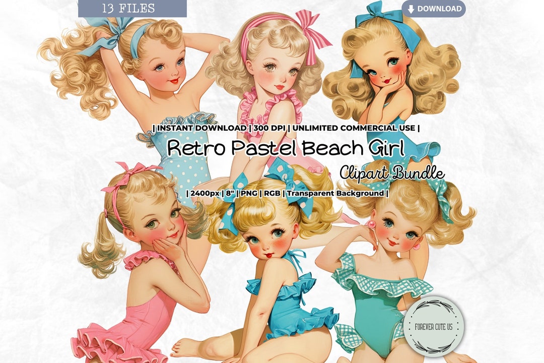 Retro Pastel Beach Girl Clipart, Summer, Coastal, Pool Party, Swimwear ...