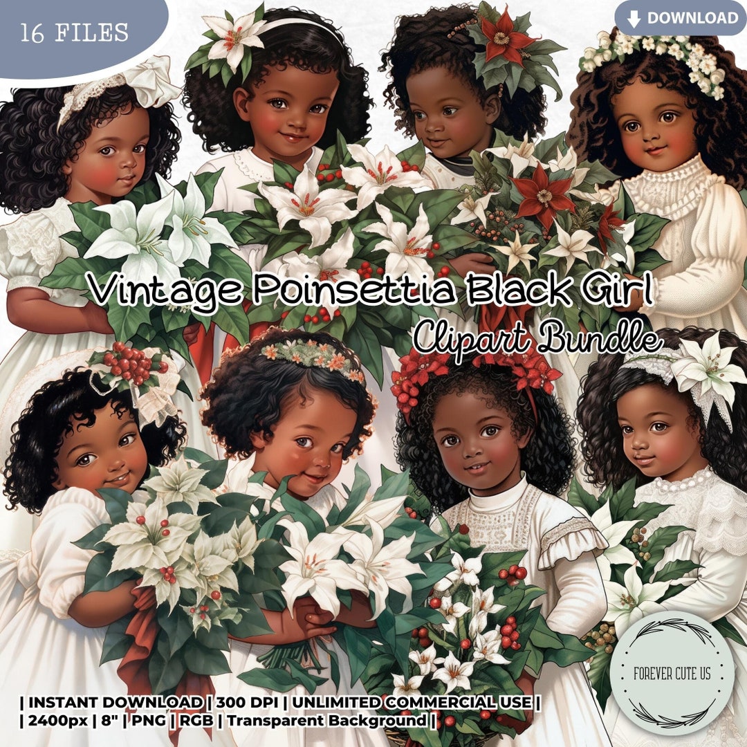 Vintage Poinsettia Black Girl Clipart Set, Afro American, Holidays ...