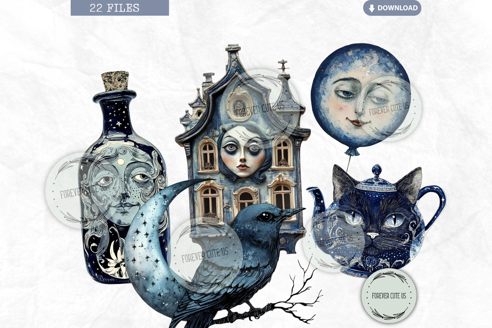 Midnight Blue Celestial Clipart Vol 1 PNG, Vintage Moon Star Sun Face ...