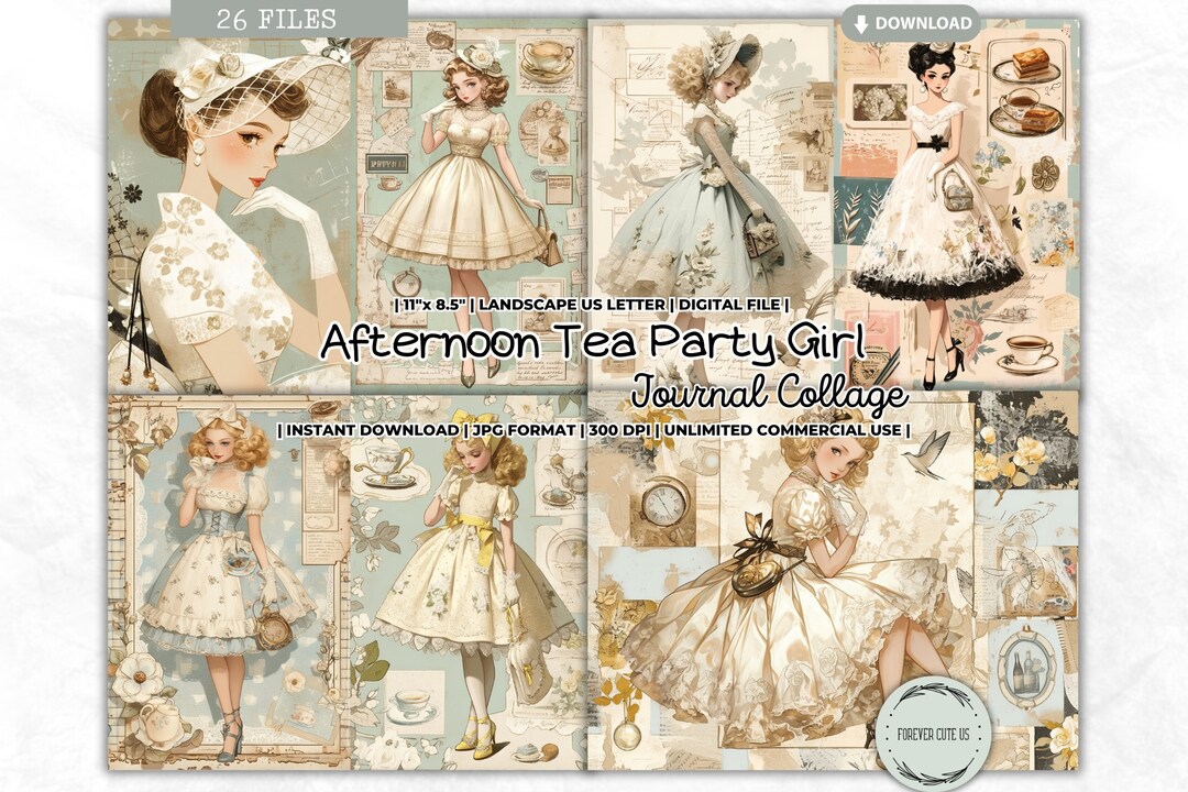 Afternoon Tea Party Girl Journal Collage, Retro, High Tea, Desserts ...