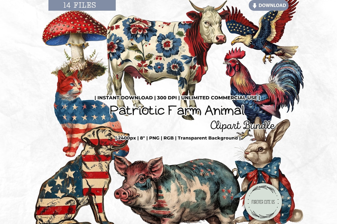 Patriotic Farm Animal Clipart, Retro, Vintage, 4th of July, Blue Red ...