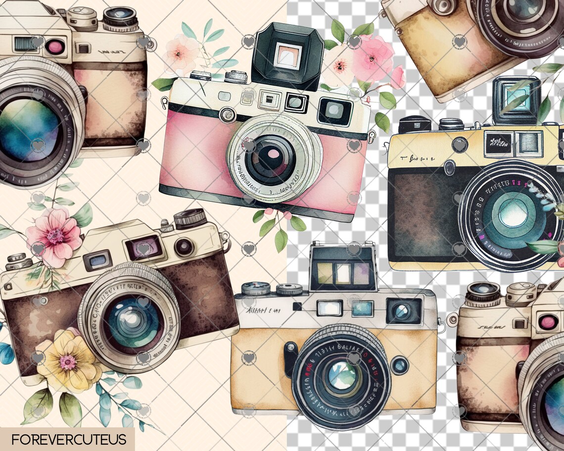 Retro Camera Clipart Vintage Camera Clipart Watercolor Retro - Etsy