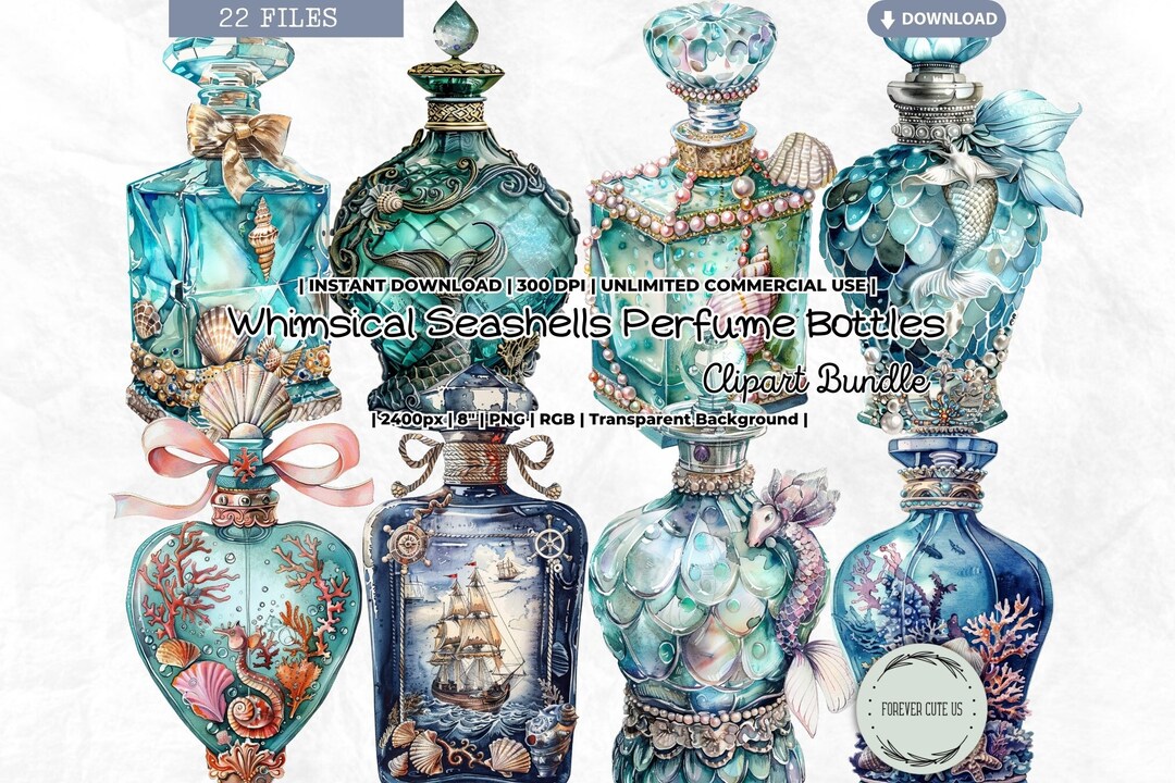 Whimsical Seashells Perfume Bottles Clipart Set, Mermaid, Under the Sea ...