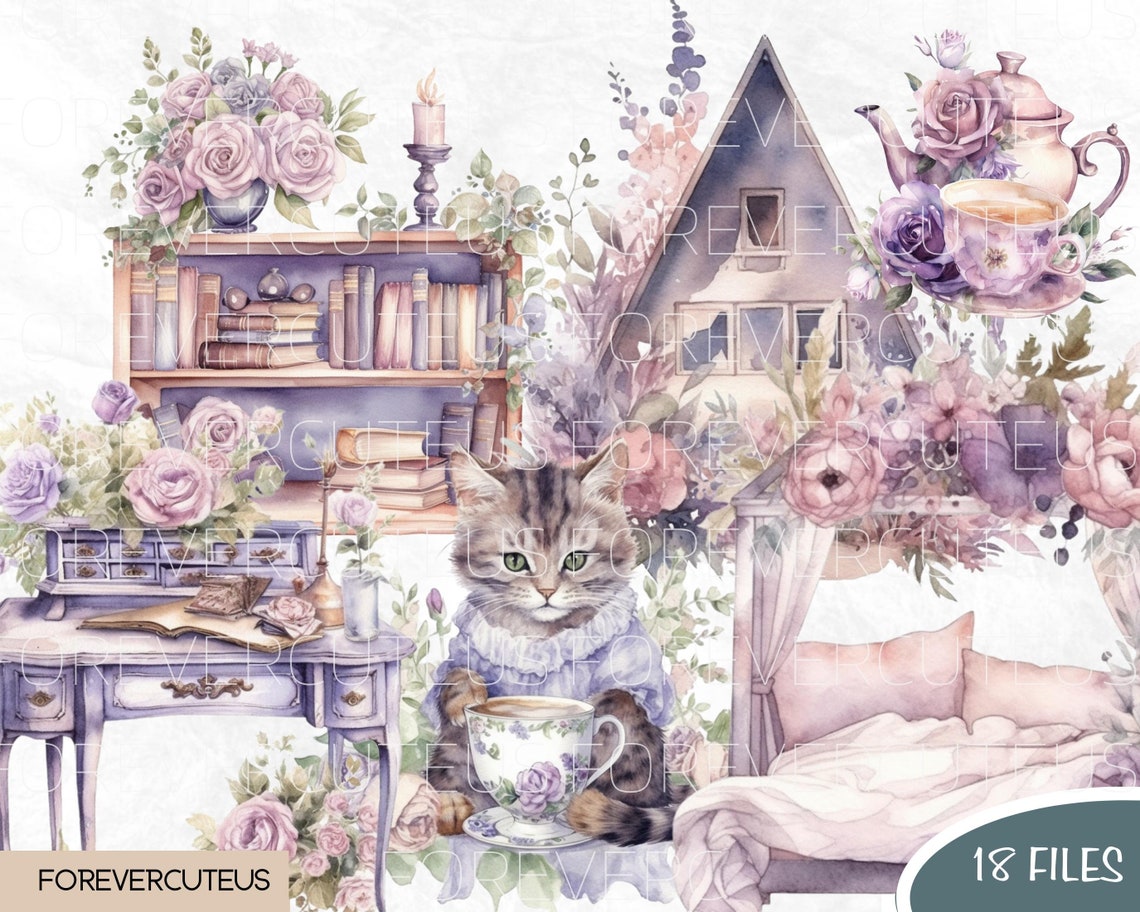 Purple Cottagecore Clipart Bookworm Reading Clipart Garden - Etsy