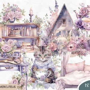 Purple Cottagecore Clipart, Bookworm Reading Clipart, Garden, Butterfly ...