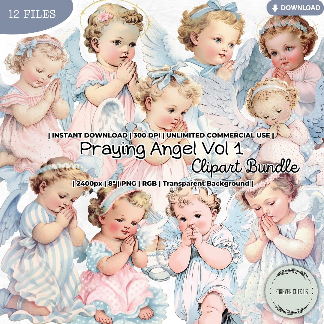 Praying Angel Clipart Bundle, Vintage, Retro, Boy, Girl, Victorian ...