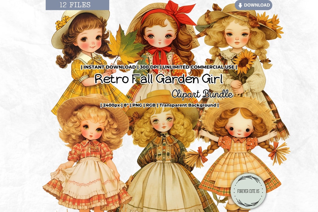 Retro Fall Garden Girl Clipart, Scarecrow, Autumn Harvest Watercolor ...