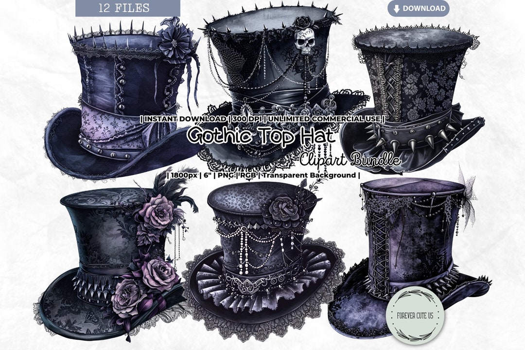 Gothic Top Hat Clipart Bundle, Dark, Goth, Witch, Lace, Men, Women ...