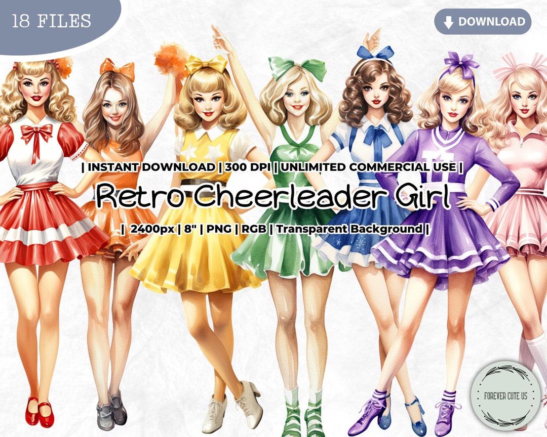 Retro Cheerleader Girl Clipart Bundle, Cheer Team, Cheer Pom Pom ...