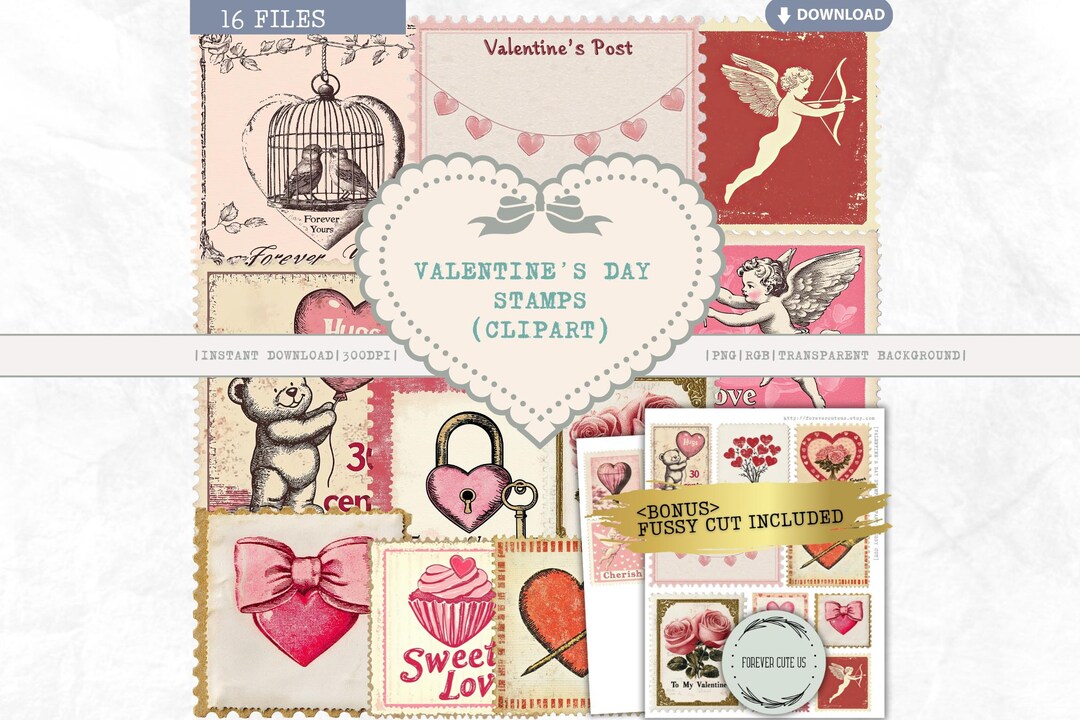 Valentine's Day Stamps Clipart, Vintage Postage Stamps Clipart, Love ...