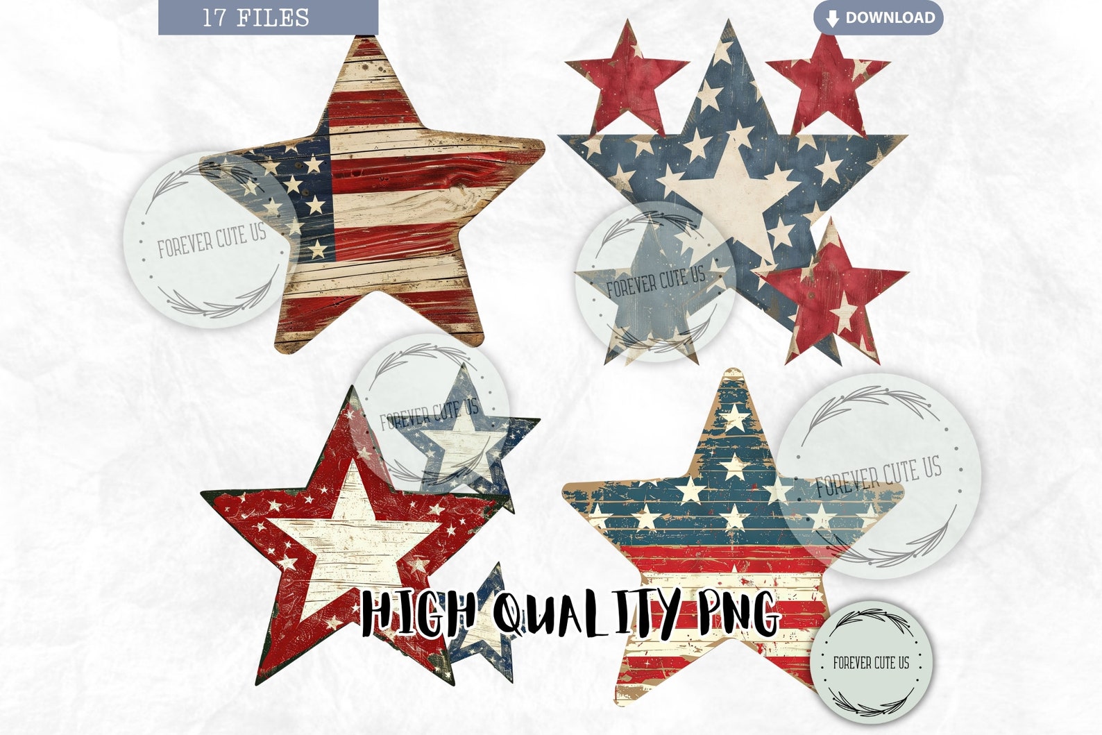 Patriotic Stars Clipart, Retro, Vintage, Distressed 4th of July, Blue ...