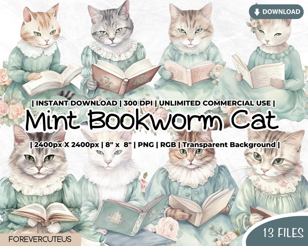 Mint Bookworm Cat Clipart, Bookworm Reading Watercolor Clipart, Library ...