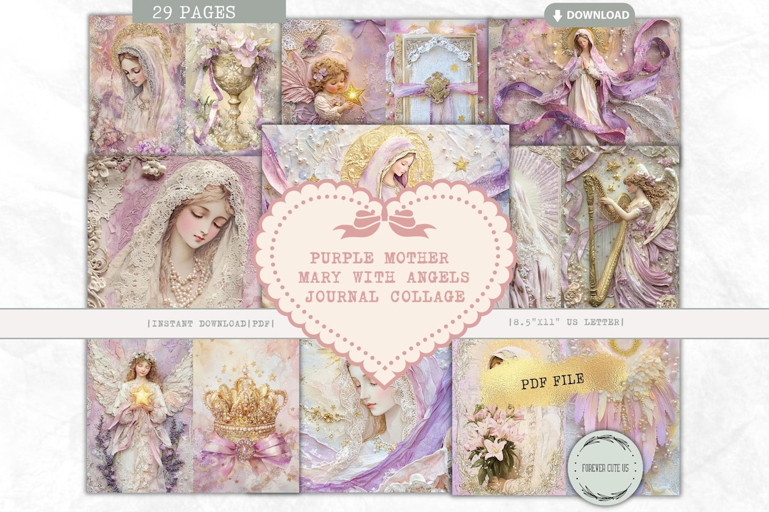 Purple Mother Mary With Angels Junk Journal Collage Sheet, Pastel Pink ...