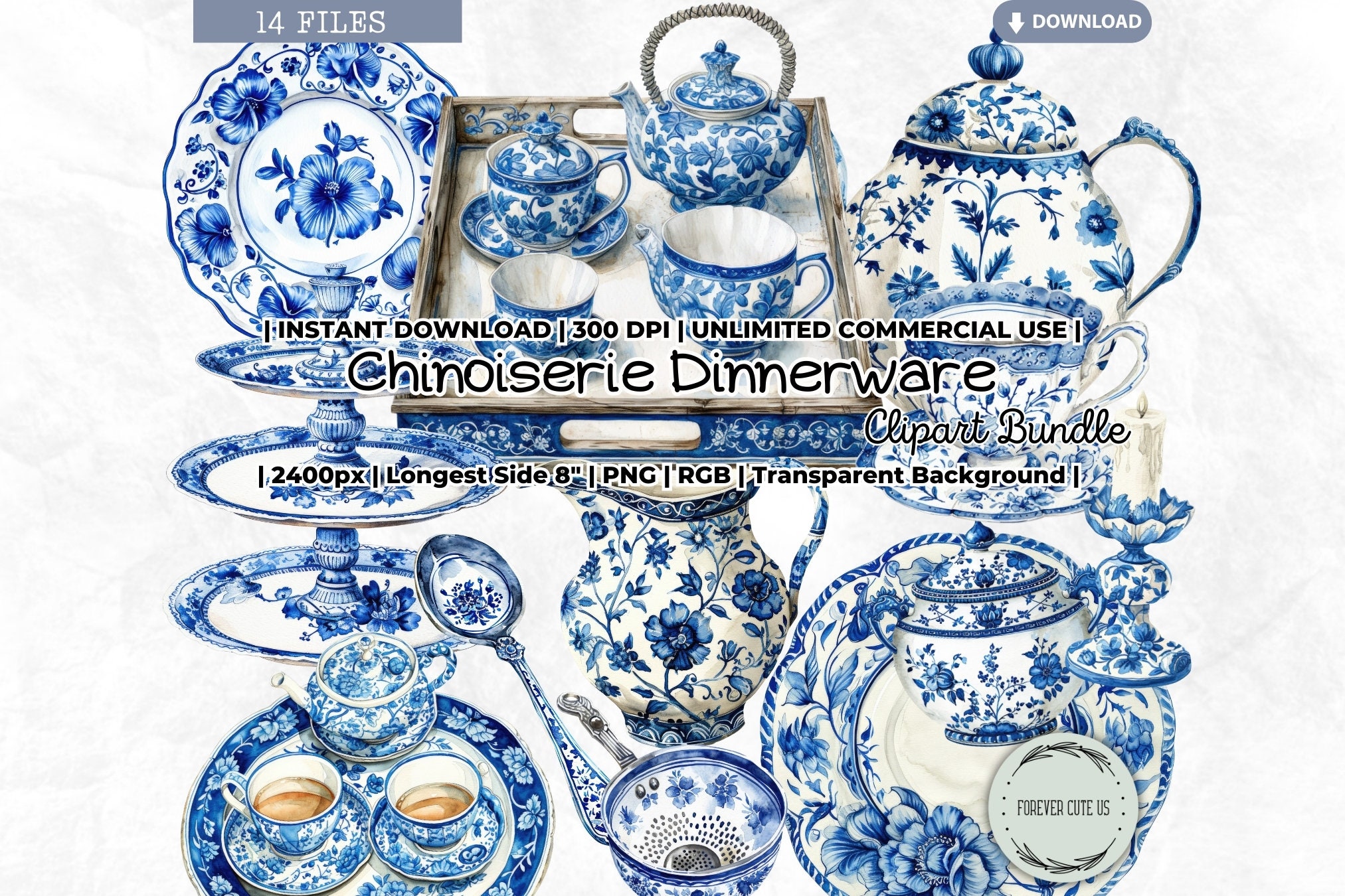 Chinoiserie Dinnerware Watercolor Clipart, Vintage, Tea Cup, Tea Party ...