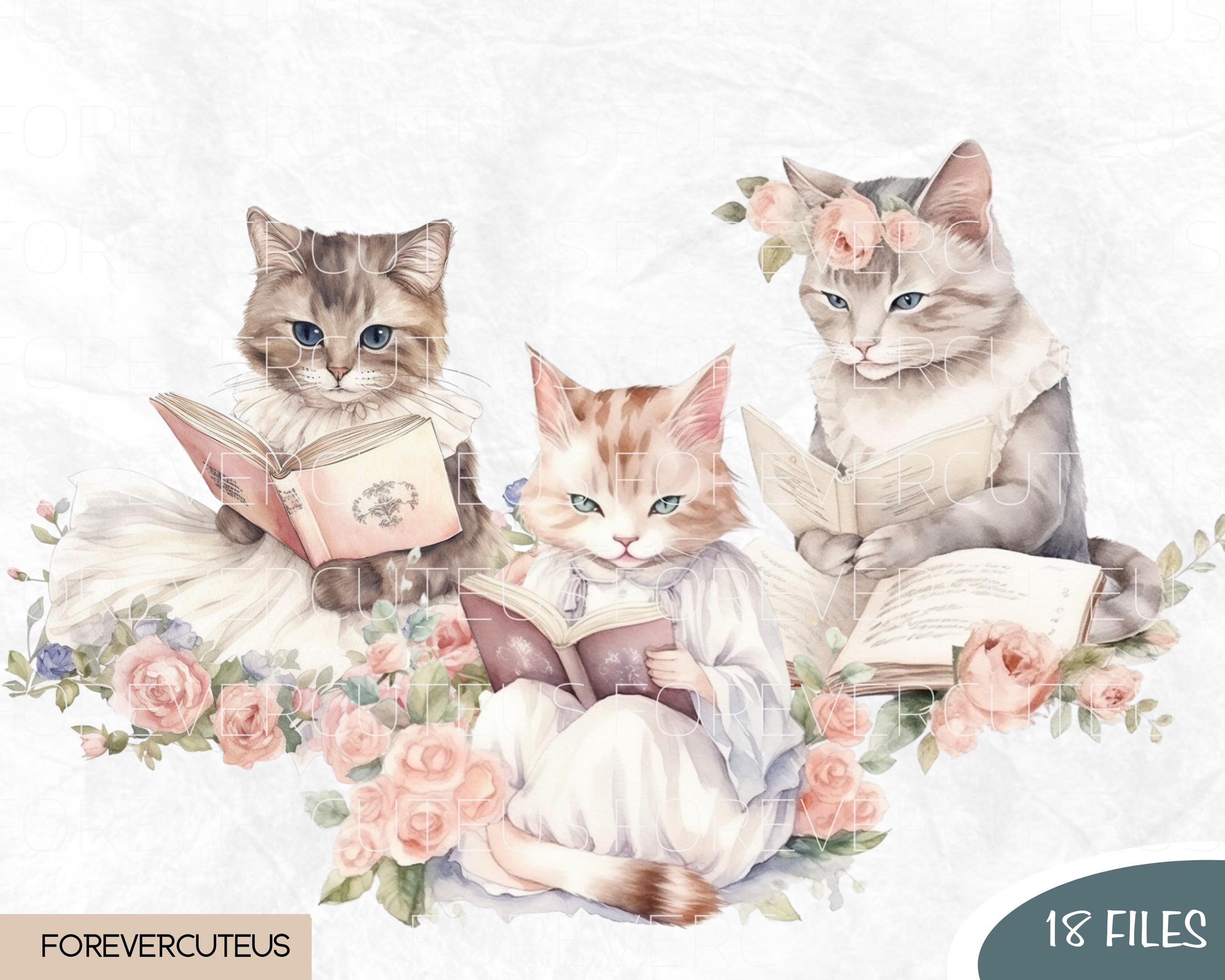 Pink Bookworm Cat Clipart Bookworm Reading Watercolor - Etsy