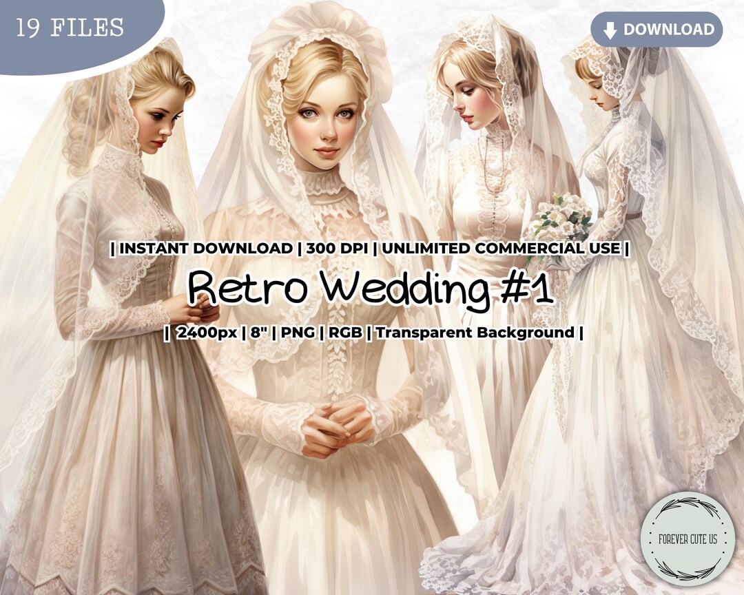 Retro Wedding Clipart Bundle, Victorian, Bride, Gown, Veil, Cathedral ...