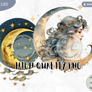 Vintage Moon Goddess Clipart, Moon Motifs, Moonlight, Star, Victorian ...