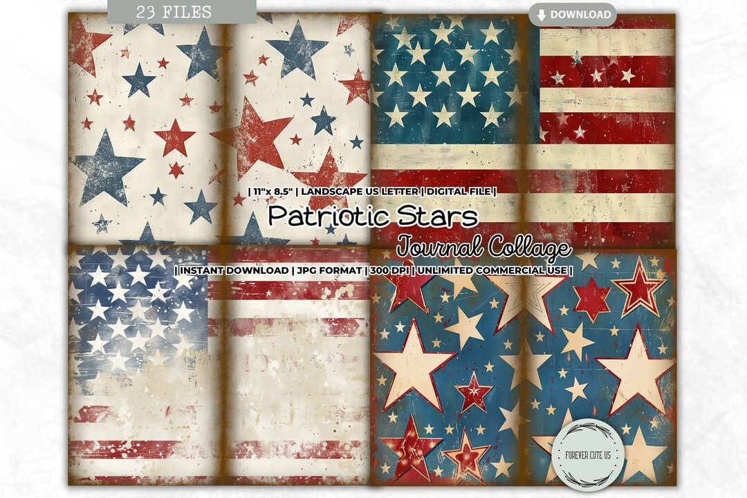 Patriotic Stars Junk Journal Collage Sheet, Fourth of July, Flag ...