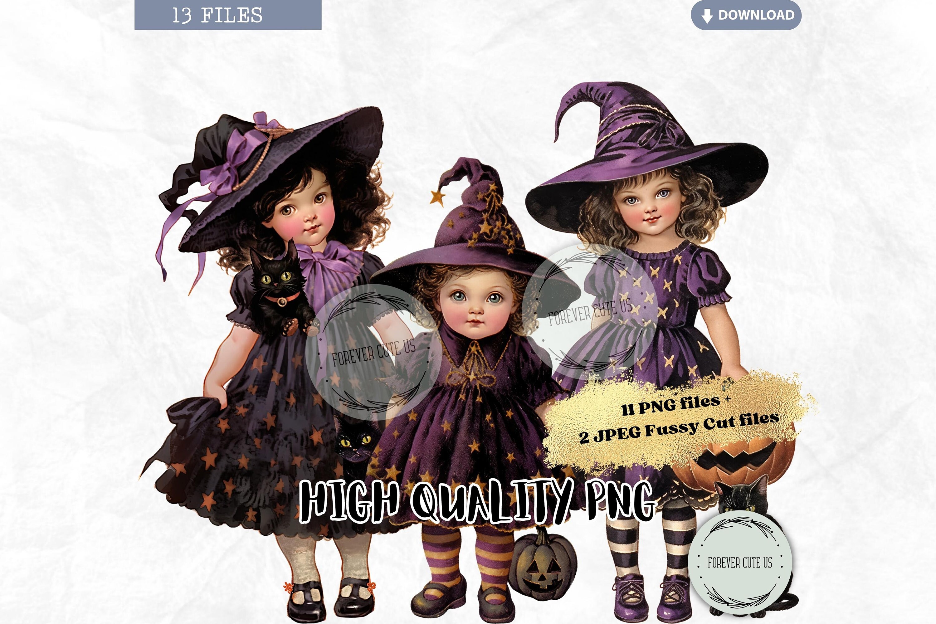 Vintage Purple Little Witch Clipart Bundle, Black Cat, Retro, Pumpkin ...