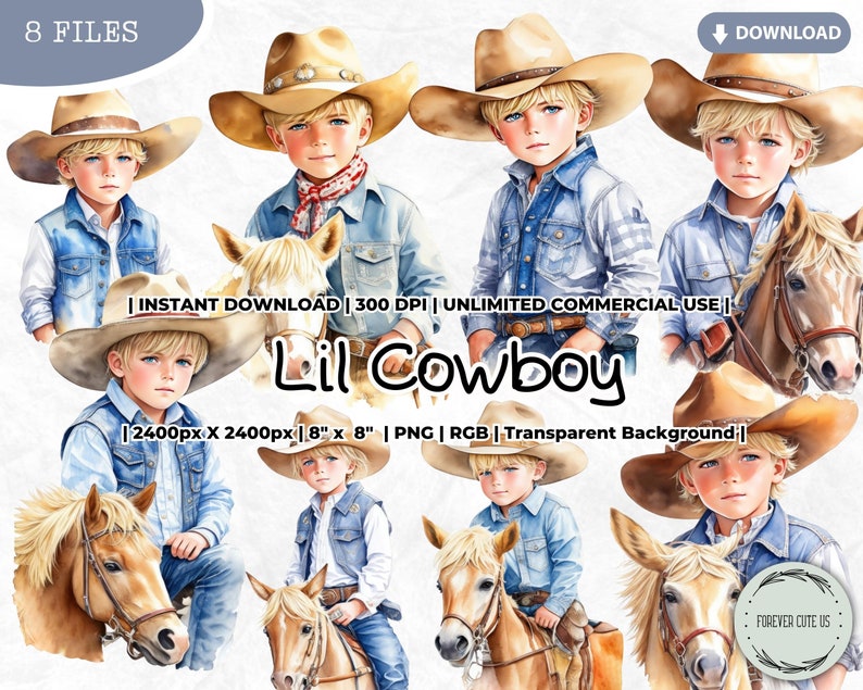 Lil Cowboy Clipart Bundle, Baby Cowboy Clipart, Watercolor Cowboy ...