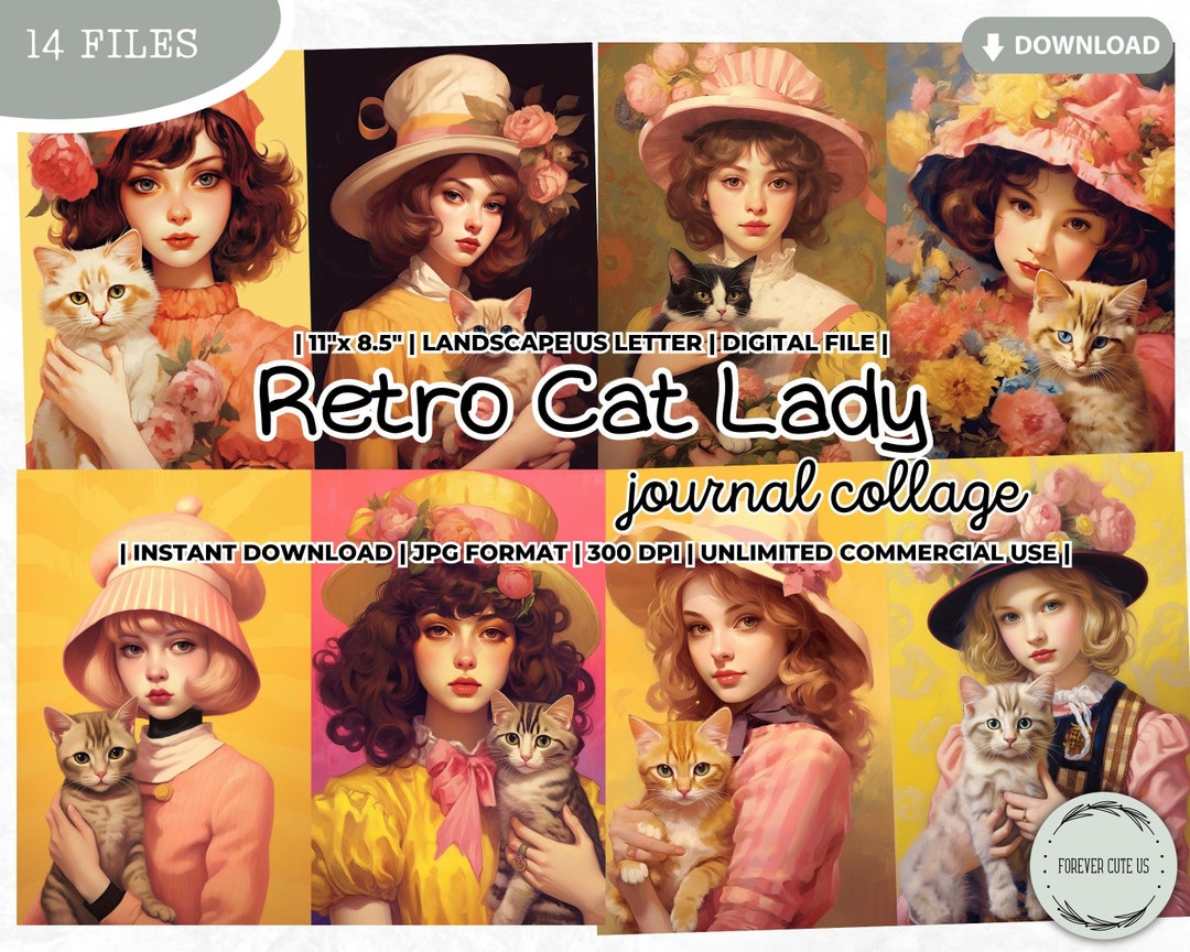 Retro Cat Lady Junk Journal Collage Sheet, Journal Page, Vintage, Dolly ...