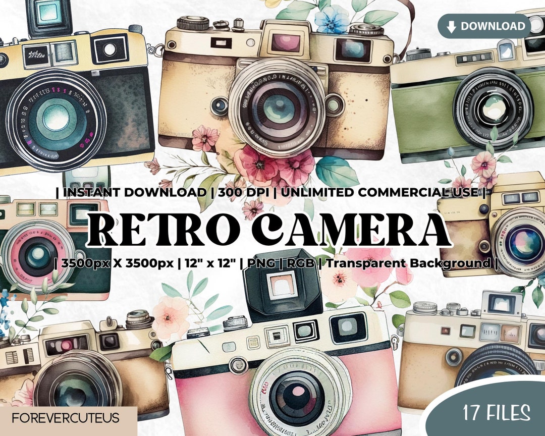 Retro Camera Clipart, Vintage Camera Clipart, Watercolor Retro Camera ...